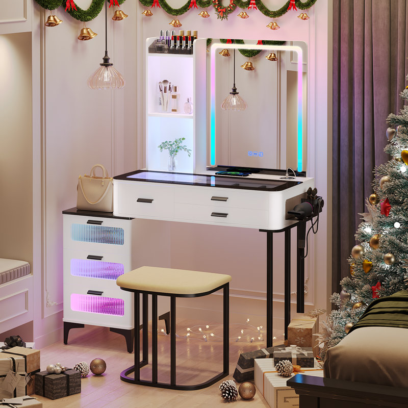 Palamara Makeup Vanity with LED Light Mercer41 Color Top Frame White Black